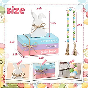 Easter Tiered Tray Decor, Spring Easter Decor for Table, Wood Book Stack with White Bunny and Bead Garland for Easter, Farmhouse Easter Mini Faux Decorative Books Bundle