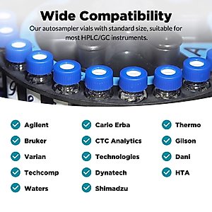Membrane Solutions Autosampler Vials, 2ml HPLC Vials, 9-425 Lab Clear Vials with Write-on Spot and Graduations, 9mm Blue ABS Screw Caps & Septa for GC Sample Vials, 100 Pcs