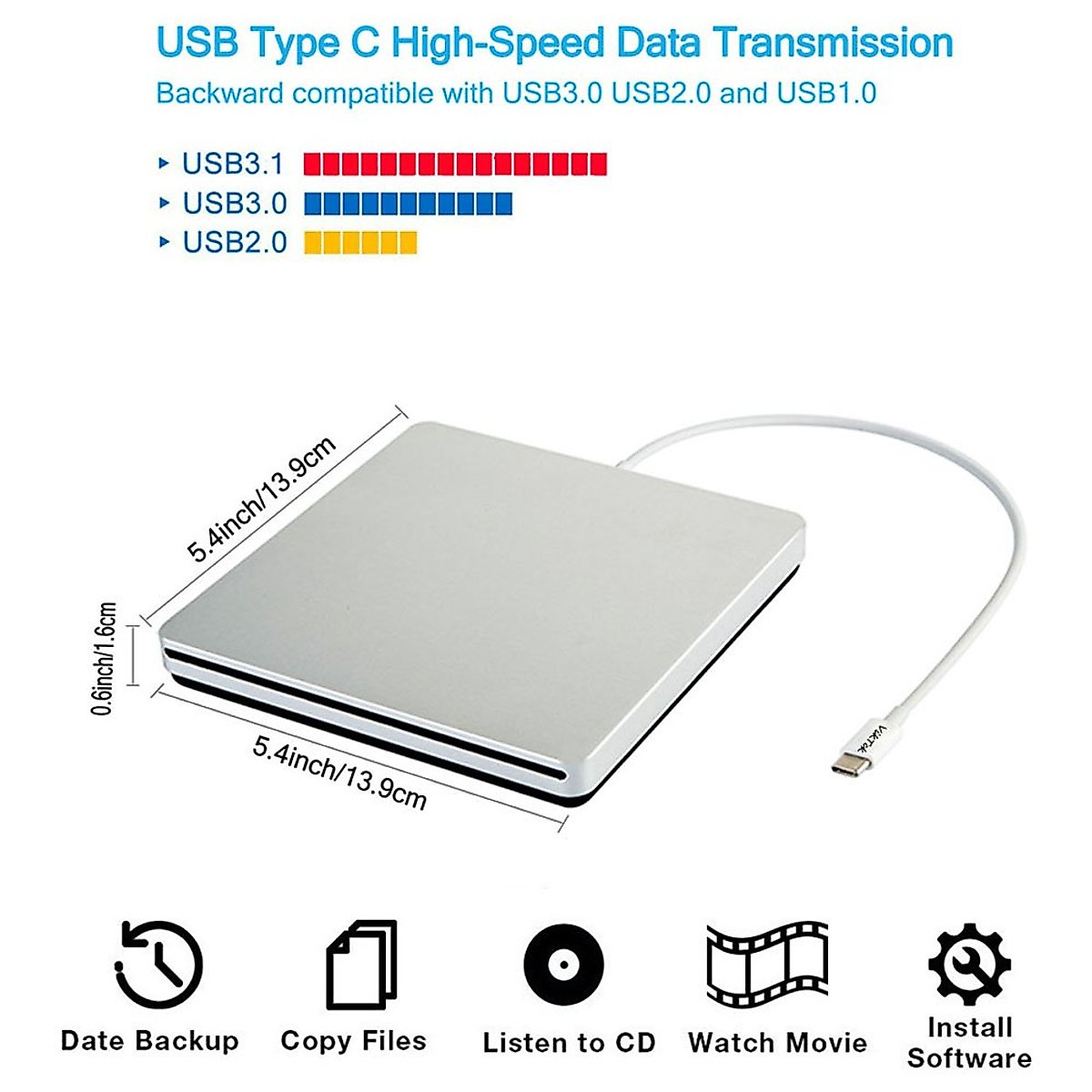 VikTck USB-C Superdrive External DVD/CD Reader and DVD/CD Burner for Apple-MacBook Air/Pro/iMac/Mini/MacBook Pro/ASUS/ASUS/DELL Latitude with USB-C Port Plug and Play(Silver)