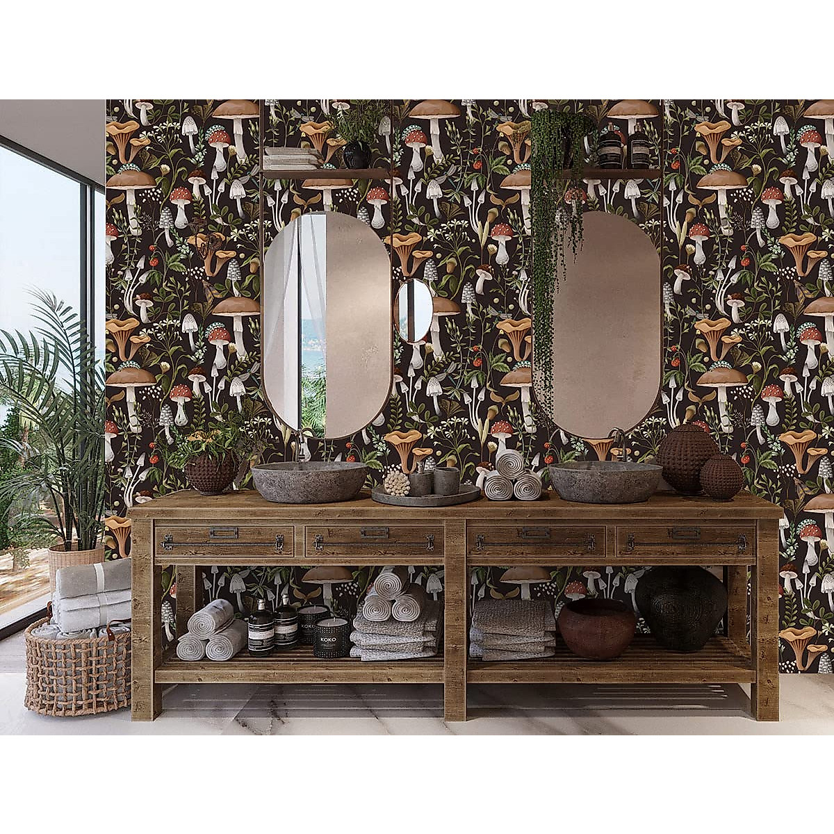 HAOKHOME Peel and Stick Wallpaper Boho Mushroom Removable Stick on Forest Contact Paper for Bathroom Black/Brown/Green 17.7in x 9.8ft