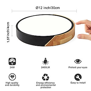 LED Ceiling Light, Minimalist Flush Mount Ceiling Light Fixture, 4500K, Close to Ceiling Light Fixtures with Black Metal and Wood Design, Round Ceiling Lights for Bedroom Closet Hallway