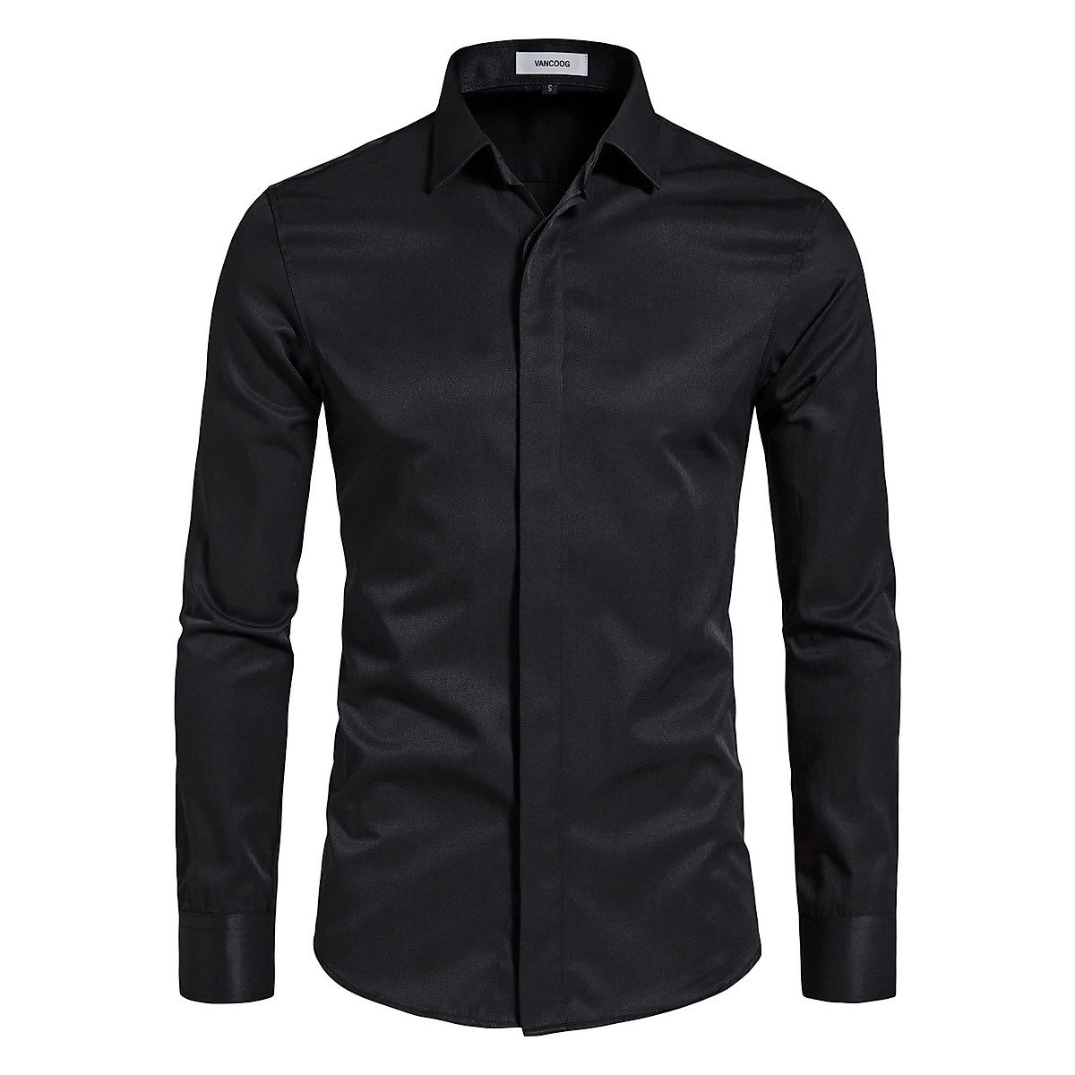 VANCOOG Men's Long Sleeve Plain Wedding Guest Button Down Wedding Tuxedo Dress Shirt-Black-2XL