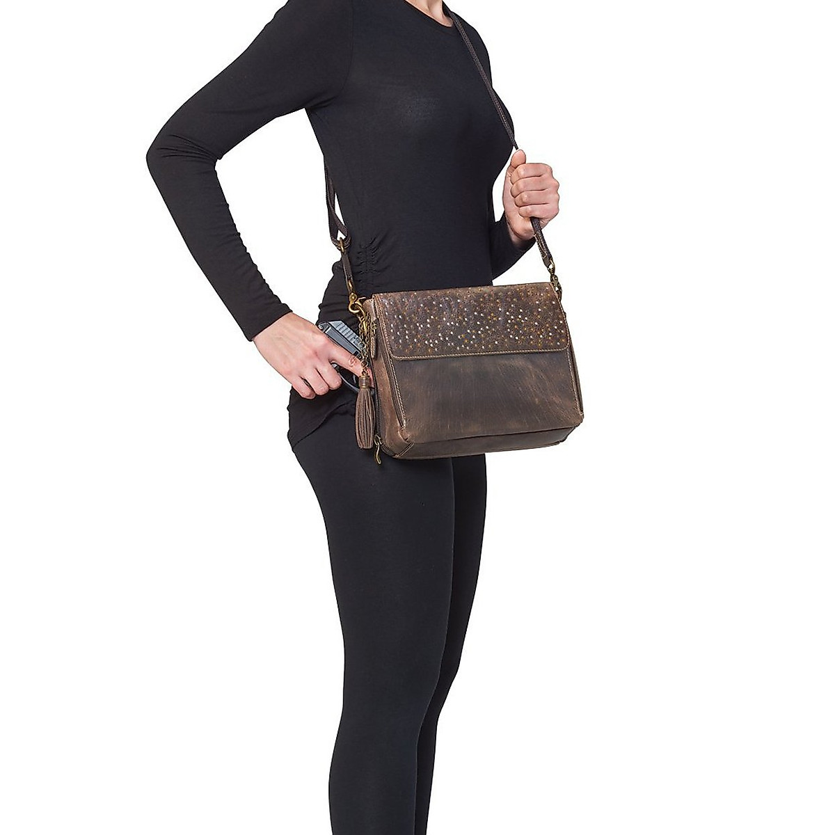 Distressed Buffalo Leather Crossbody Organizer Purse by Gun Tote'n Mamas (Brown), Medium