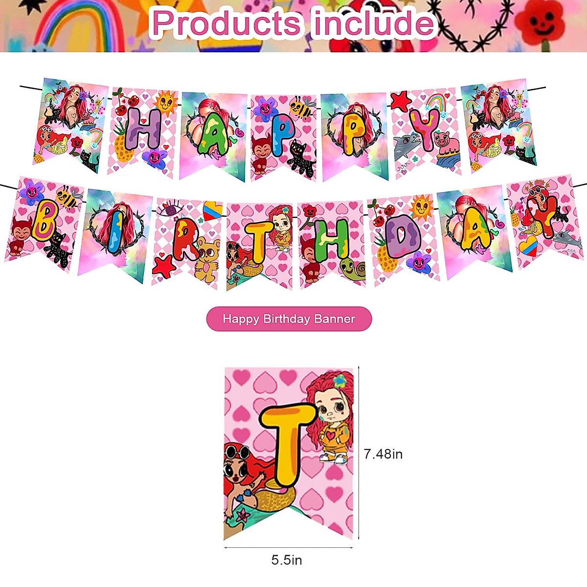 32Pcs Manana Birthday Party Decorations,Party Supply Set for Kids with 1 Happy Birthday Banner Garland , 13 Cupcake Toppers,18 Balloons for Karol G Party Supplies