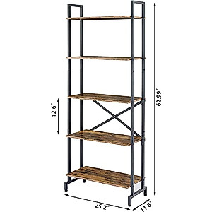 Hoctieon 5 Tier Bookshelf, Tall Bookcase Shelf Storage Organizer, Vintage Wood Open Shelves, Utility Organizer Shelves for Home Office, Living Room, Bedroom, Kitchen, Bathroom, Rustic Brown