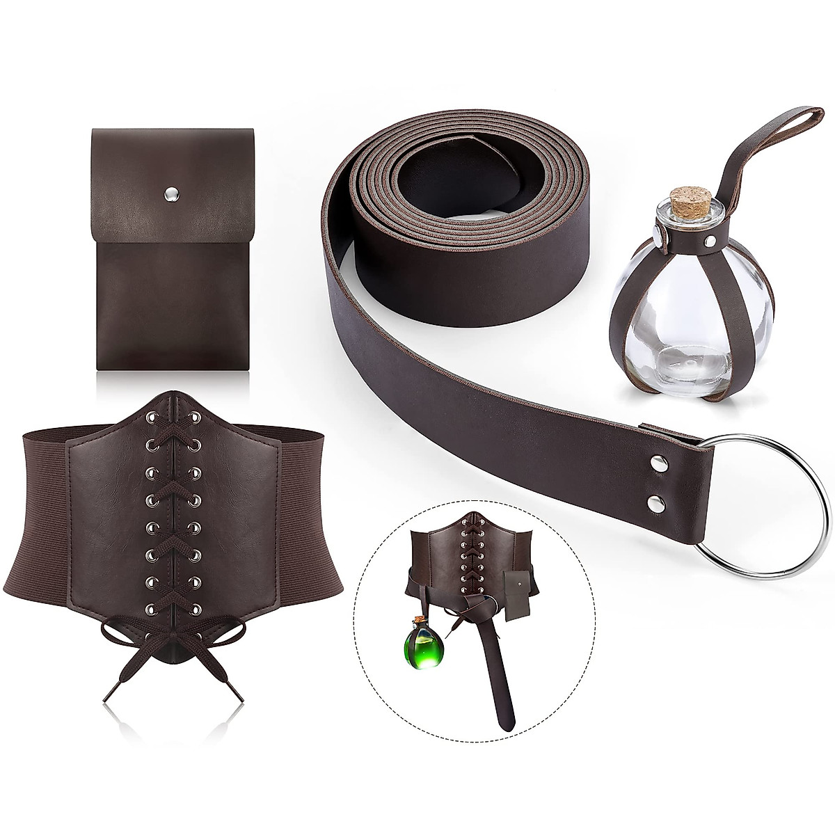 Women Renaissance Accessories Medieval Leather Belt Pouch Cork Potion Bottle Witch Wizard Waist Corset Halloween Costume(S,Brown)