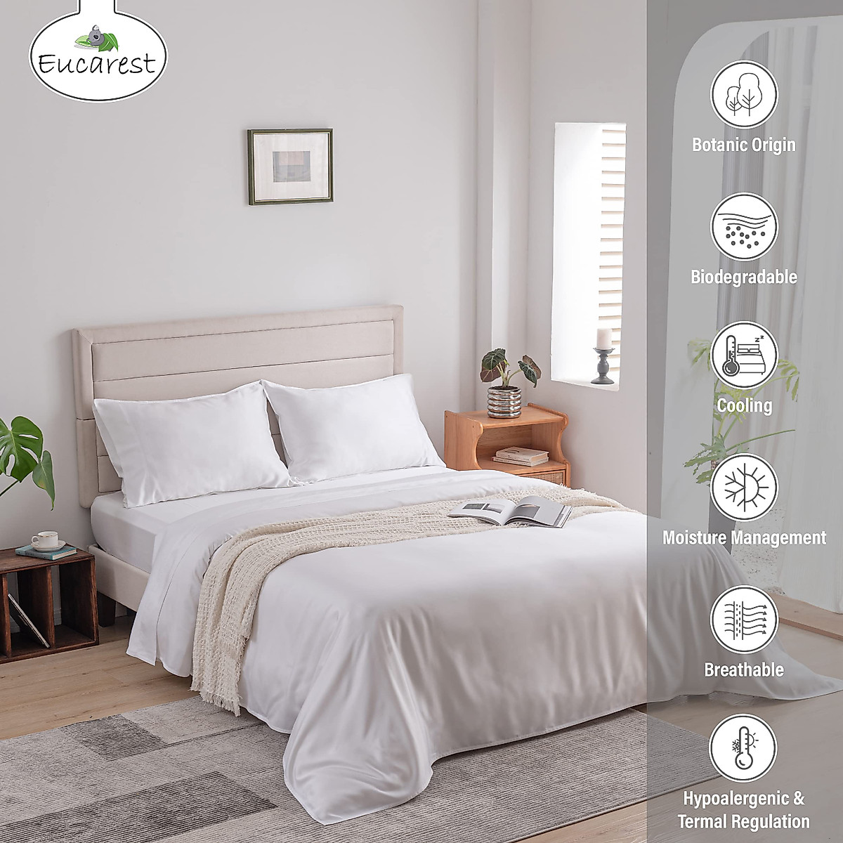 Eucalyptus Lyocell Bed Sheets, Hypoallergenic 100% Organic Tencel, Thermal Regulating and Moisture Wicking for Hot Sleepers, Superior Thread Quality, Extra Deep Pockets King Size – White