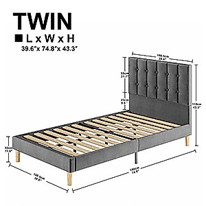 LIKIMIO Twin Bed Frames, Velvet Upholstered Twin Platform Bed Frame with Headboard and Strong Wooden Slats, No Box Spring Needed/Noise-Free/Easy Assembly, Grey