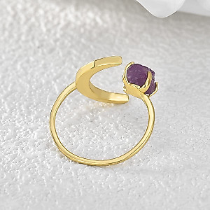 Crescent Moon Adjustable Open Band Ring for Women Girls 14K Gold Plated Statement Artificial Purple Crystal Stone Finger Rings Comfort Fit Fashion Birthday Wedding Valentine Jewelry Gift (Amethyst)
