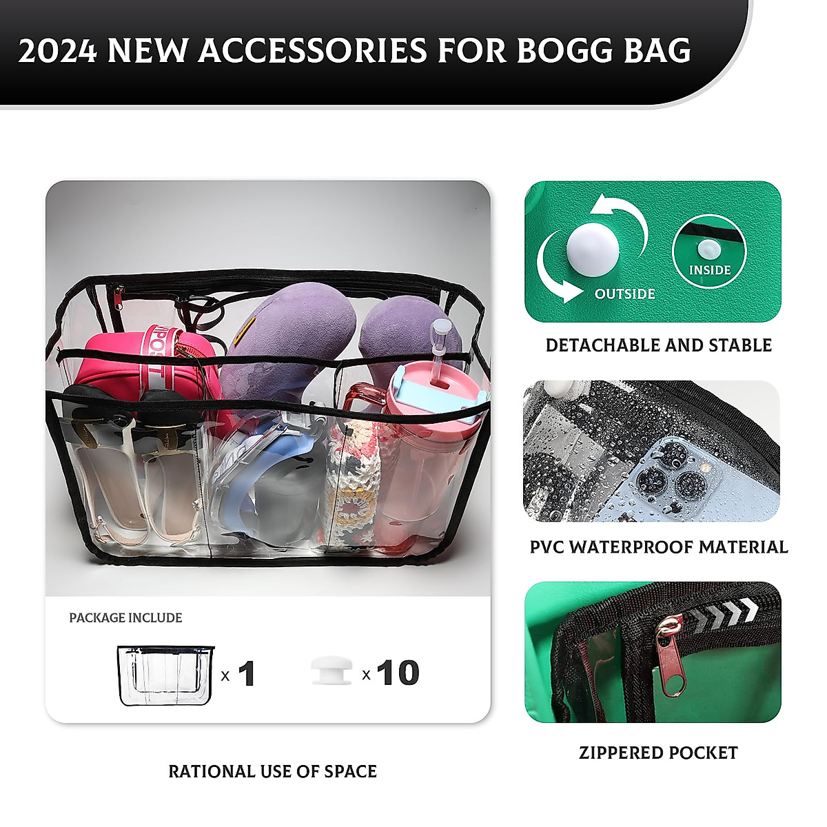 FIHCH Clear Beach Bag Organizer Original Accessories for Bogg Bag X Large Storage Bag Suitable for BOGG BAG Organizing Your Bag and Divide Space,Transparent & Black