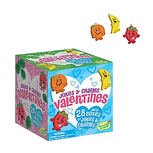 Peaceable Kingdom Valentines Cards for Kids Classroom, Set of 28 Valentines Day Gifts - Silly Jokes with Fruit Charms