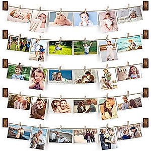 Emfogo Hanging Photo Display, Wood Picture Photo Frame for Wall DIY Decor 5 Strings with 30 Clips, Adjustable Twines fit Multi Pictures Frames Collage Organizer 35 x 35 inch