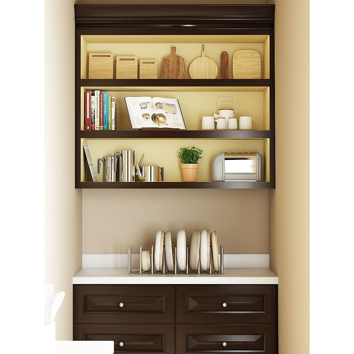 brightmaison BGT Stal Pots and Pans Organizer for Cabinet, Pot Lid & Plate Holder Adjustable Kitchen Organization Unit Stainless Steel 8 sectional