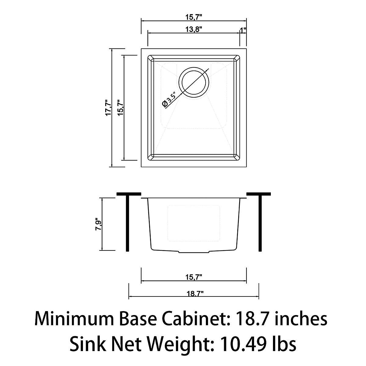 Sinber 16" x 18" x 8" Undermount Single Bowl Kitchen Sink with 18 Gauge 304 Stainless Steel Satin Finish HU1517S-S (Sink Only)