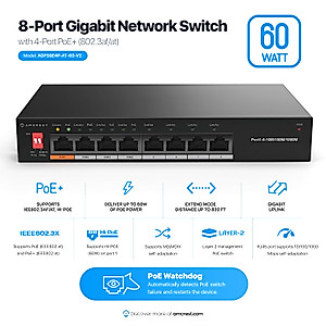 Amcrest 8-Port Switch with 4-Ports POE+ 802.3af/at 60W, Metal Housing, (AGPS8E4P-AT-60-V2)