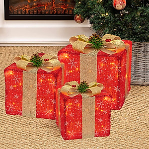 Funpeny Set of 3 Christmas Lighted Gift Boxes, 60 LED Christmas Box Decorations, Presents Boxes with Ribbon Bows Christmas Decorations for Xmas Tree, Yard, Home, Indoor Outdoor Holiday Decor