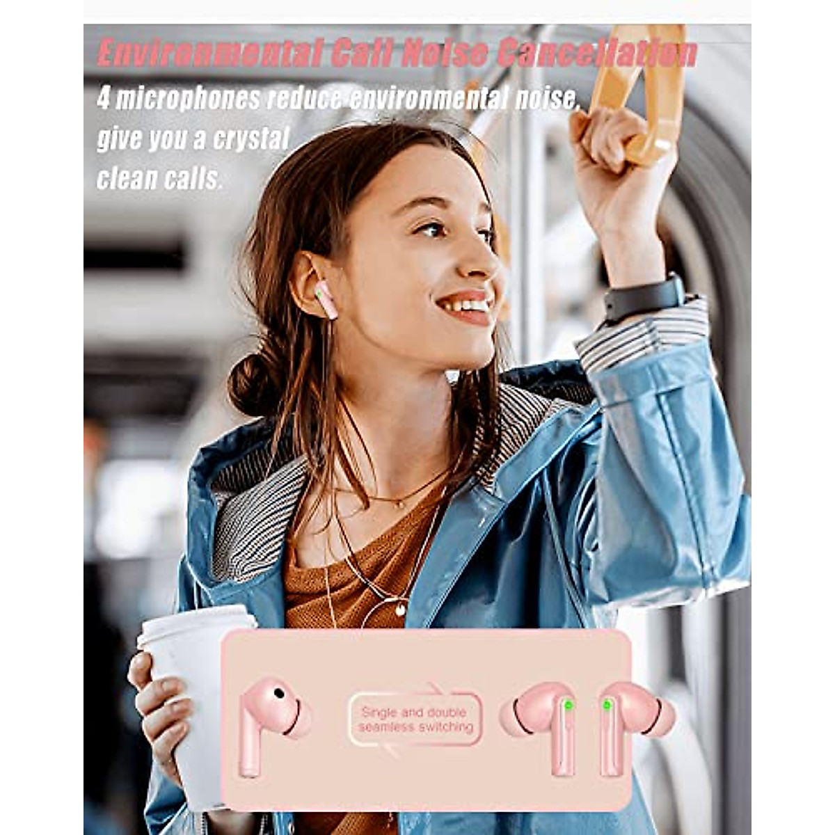 Wireless Earbuds Bluetooth 5.1 Headphones 4-Mics Clear Call ENC Noise Cancelling Ear Buds Deep Bass 30Hrs Playtime with USB-C Charging Case IPX7 Waterproof in-Ear Earphones for Android and iPhone Pink