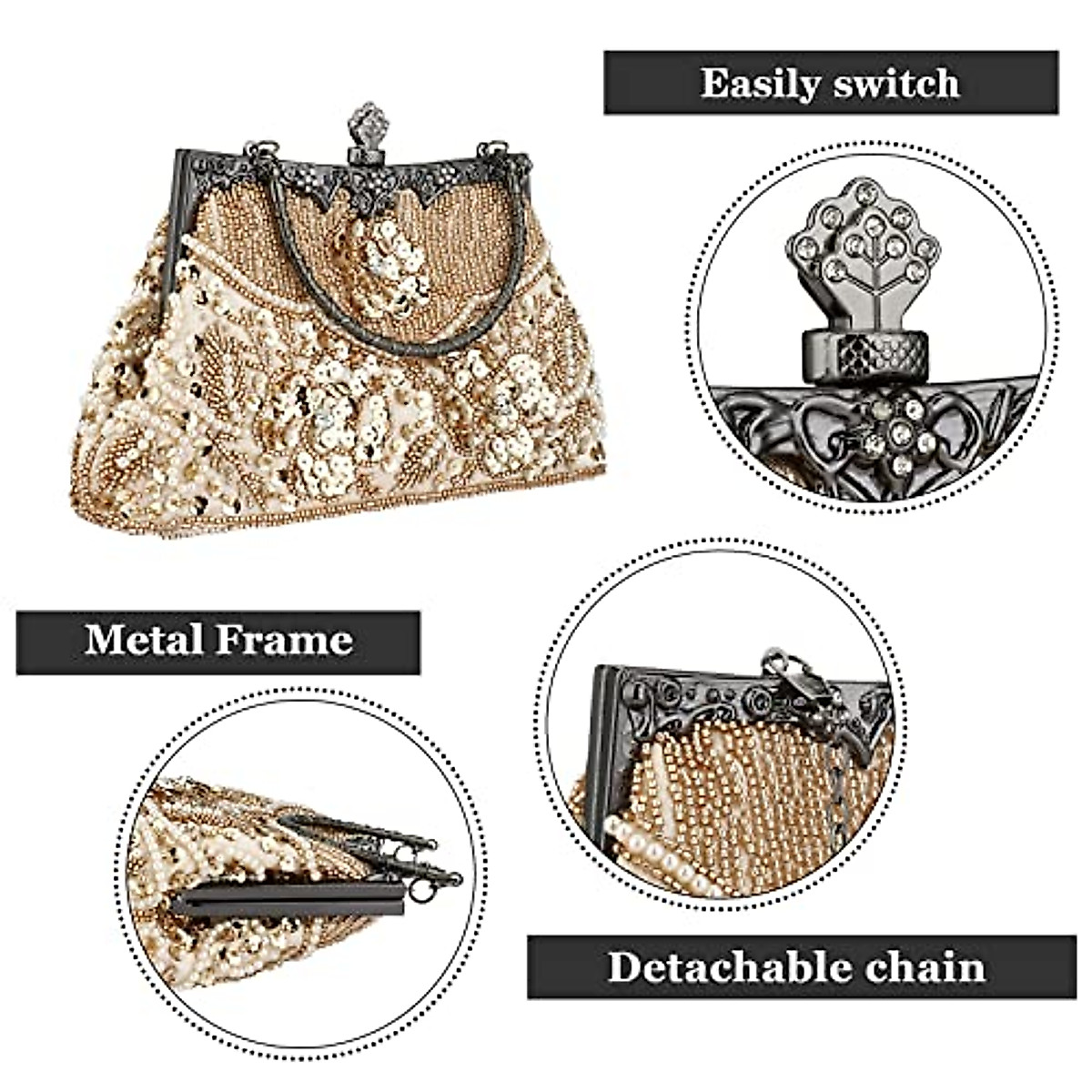 Evening Clutch Purse for Women - Crystal and Sequins Top Handle Bags - Elegant Crossbody Bag for Wedding Party Prom (Champagne)