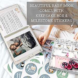 ZICOTO Keepsake Baby Memory Book - 100-Page Scrapbook with 5 Small Boxes for Precious Memories and Milestones from Pre-Birth to 1st Birthday
