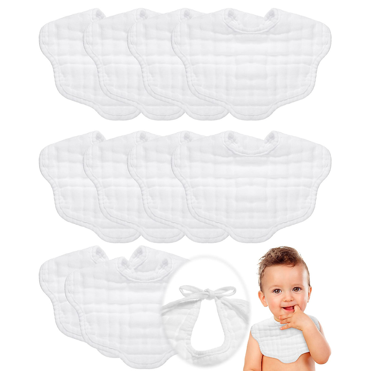 Yahenda 10 Pack Muslin Bibs Baby Drool Bibs White Bandana Bibs Absorbent Teething Bibs Cotton Cloths Plain Bibs with Adjustable Straps for Unisex Baby Burp Newborn Infant Toddler, 0-2 Years Old