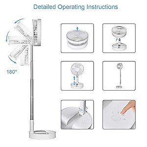 Portable Foldable Cordless Fan Rechargeable, Portable Pedestal Fan Foldaway Standing Fan Desk and Floor Fan Wireless with 7200Mah Battery Operated Standing Fan for Home Kitchen Outdoor Camping (White)