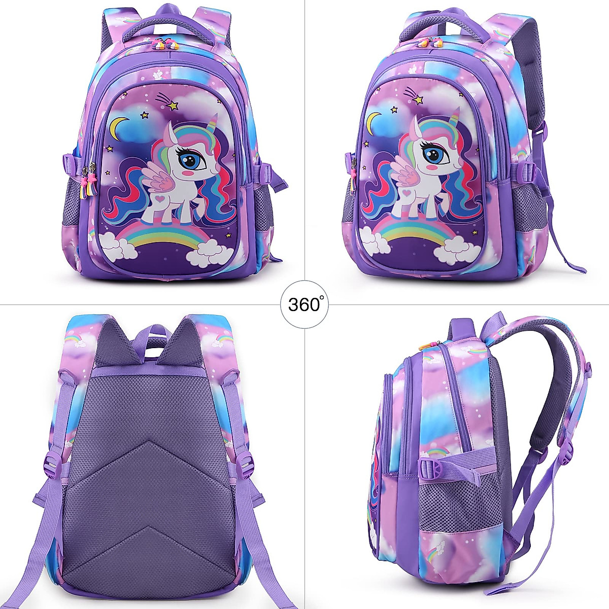 Wisiley Kids Backpack 16 in Multifunctional Large Capacity Unicorn School Backpack for Girls Cute Lightweight Toddler Schoolbag with Bottle Side Pockets Preschool Girls Elementary Leisure Schoolbag