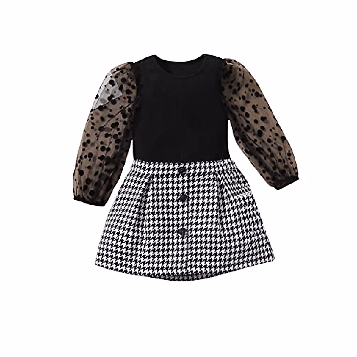 WDIRARA Toddler Girl's 2 Piece Outfits Polka Dots Mesh Top and Houndstooth Print Skirt Set Black and White 6-9M