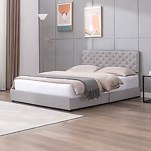 Mjkoen Bed Frame with Storage, Tufted Bed Frame with 4 Storage Drawers,King Size Upholstered Bed Frame with Adjustable Headboard for Bedroom Light Grey