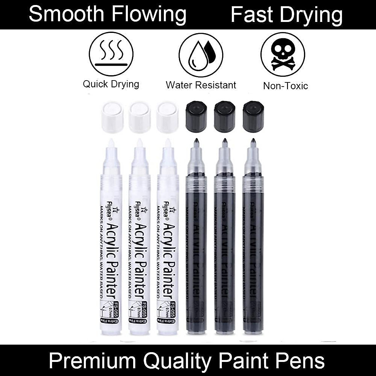 Black Paint Pens, 6 Pack 0.7mm Acrylic Black Permanent Marker ,White Paint Pens for Rock Painting, Stone,Wood, Plastic, Ceramic, Glass, Metal Canvas, Paper, Water-based Extra Fine Point