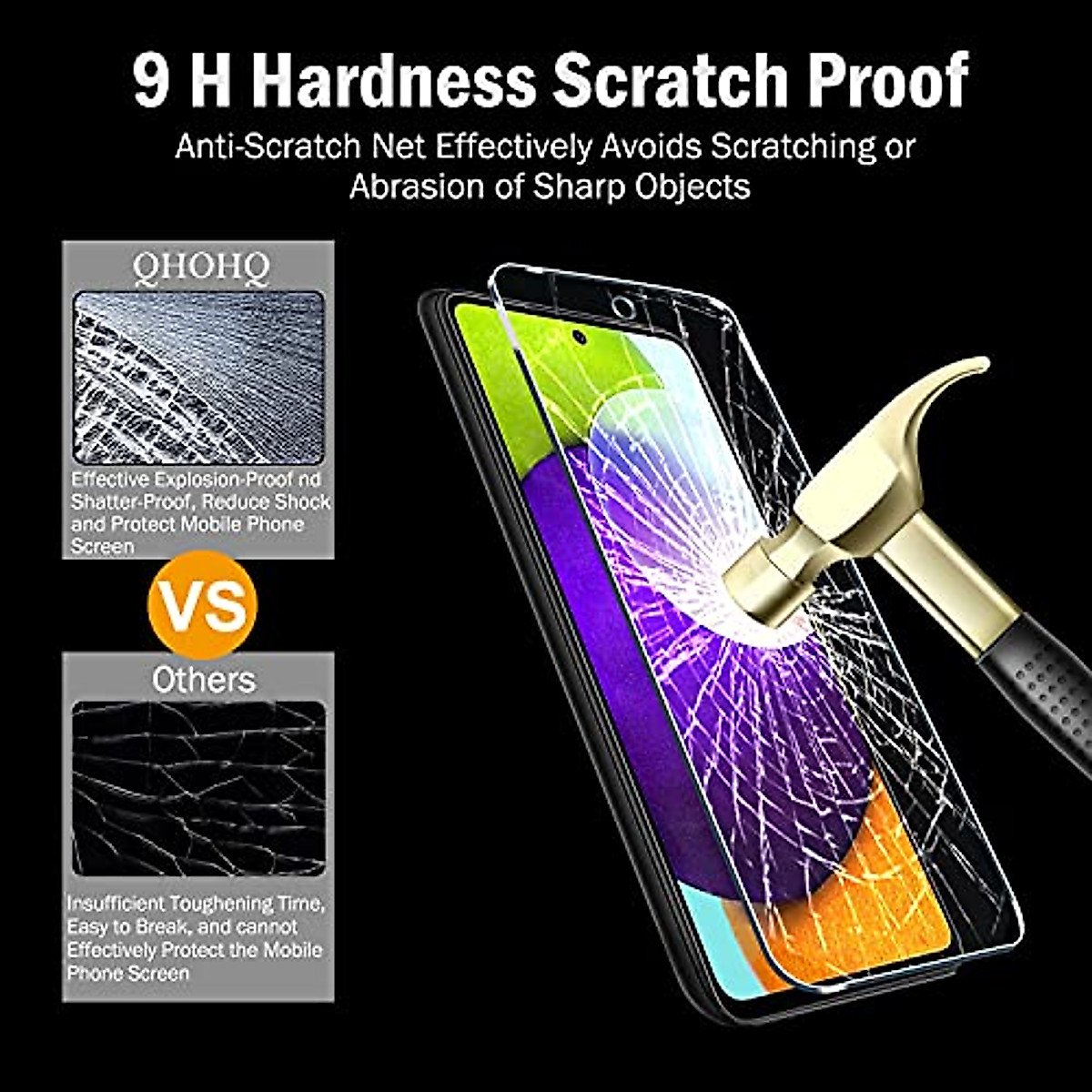 QHOHQ 3 Pack Screen Protector for Samsung Galaxy A52 4G/A52 5G/A52S 5G with 3 Pack Camera Lens Protector, Tempered Glass Film, 9H Hardness, HD, Anti-Scratch, 2.5D Edge, Anti-Fingerprint, Easy to install