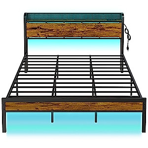 Furnulem King Bed Frame with RGB LED Light,Industrial Storage Headboard with Charging Station and USB Port,Metal Mesh Platform Bed Frame King with Strong Metal Support,No Box Spring Need, Noise Free