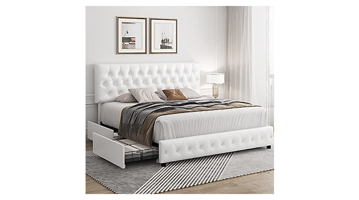 Keyluv Modern Upholstered Bed with 4 Drawers