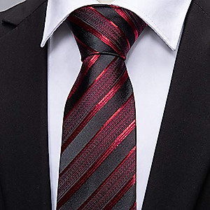 Barry.Wang Stripe Men Ties Set Classic WOVEN Necktie with Handkerchief Cufflinks Formal Black Red