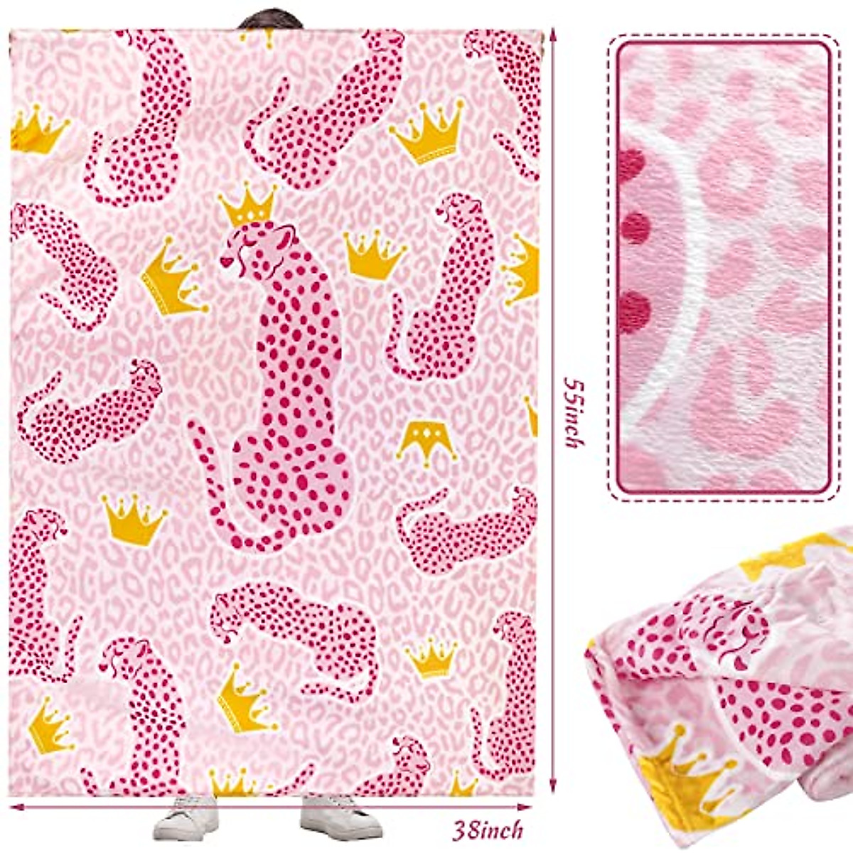 Pink Preppy Leopard Throw Blanket Cute Preppy Stuff Flannel Pink Print Soft Plush Leopard Crown Blanket Cozy Blanket Preppy Bedding Stuff Preppy Room Decor for Bed Dormitory Living Sofa, 55 x 38 in