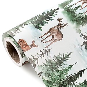 WRAPAHOLIC Kraft Christmas Wrapping Paper - Mini Roll - 17 Inch x 33 Feet - Watercolor Elk and Winter Forest Landscape Design for Christmas, Holiday, Party Celebration