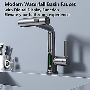 BARROCK Waterfall Bathroom Faucets with Pull Down Sprayer, Modern Pull Out Bathroom Sink Faucet with Digital Temperature Display, Height Adjustable Basin Mixer Tap No Battery Needed, Gun Grey