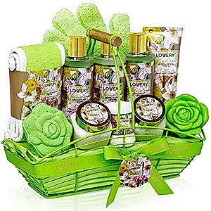 Home Spa Gift Baskets For Women, Bath and Body Gift Basket, Magnolia & Jasmine Home Spa Set, Fragrant Lotions, Bath Bomb, Towel, Shower Gloves, Green Wired Bread Basket & More, 13Pcs