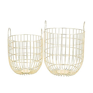 Deco 79 Contemporary Metal Round Storage Basket, Set of 2 13", 11"W, Gold