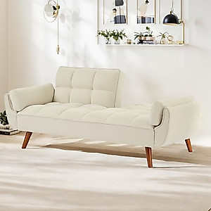 Fangflower Convertible Sofa Bed, Velvet Fabric Adjustable Backrest Sleeper Futon Loveseat with Tapered Wood Legs for Living Room, Bedroom, Apartment Lounge, Garage