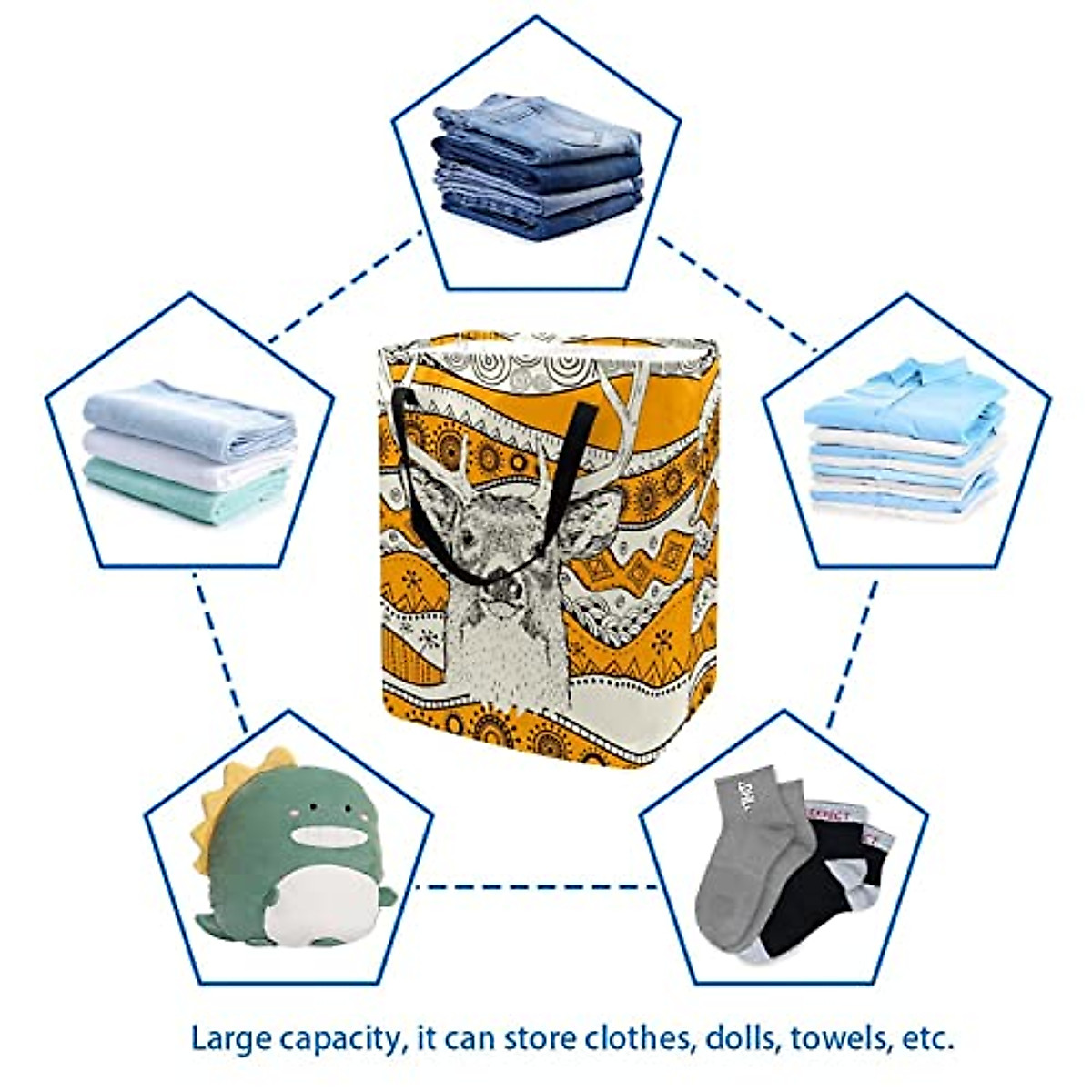 African Deer in Ethnic Tribal Pattern Print Collapsible Laundry Hamper, 60L Waterproof Laundry Baskets Washing Bin Clothes Toys Storage for Dorm Bathroom Bedroom