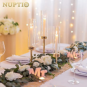 Nuptio Gold Candlestick Holder Tall Hurricane Candle Holder Set of 3 Taper Candle Holders Candle Stand Glass Cover Candlesticks Holders Table Centerpiece for Wedding Party Birthday Christmas Decor