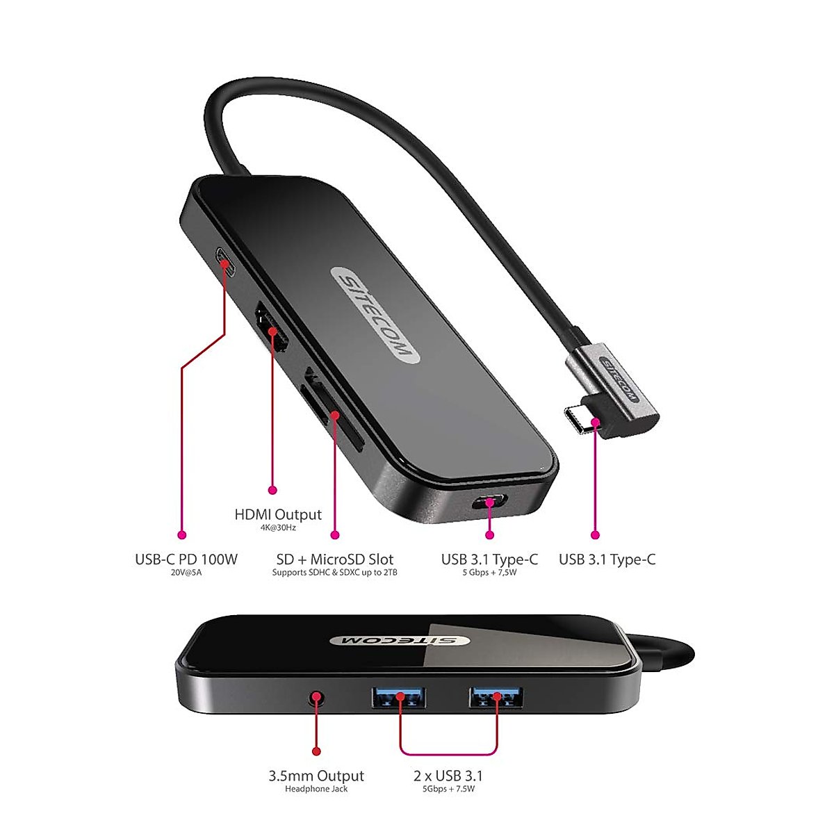 Sitecom CN-393 USB-C Multiport Adapter | USB-C to 1x HDMI + 2X USB 3.1 + 1x USB-C - with USB-C Power Delivery 100W