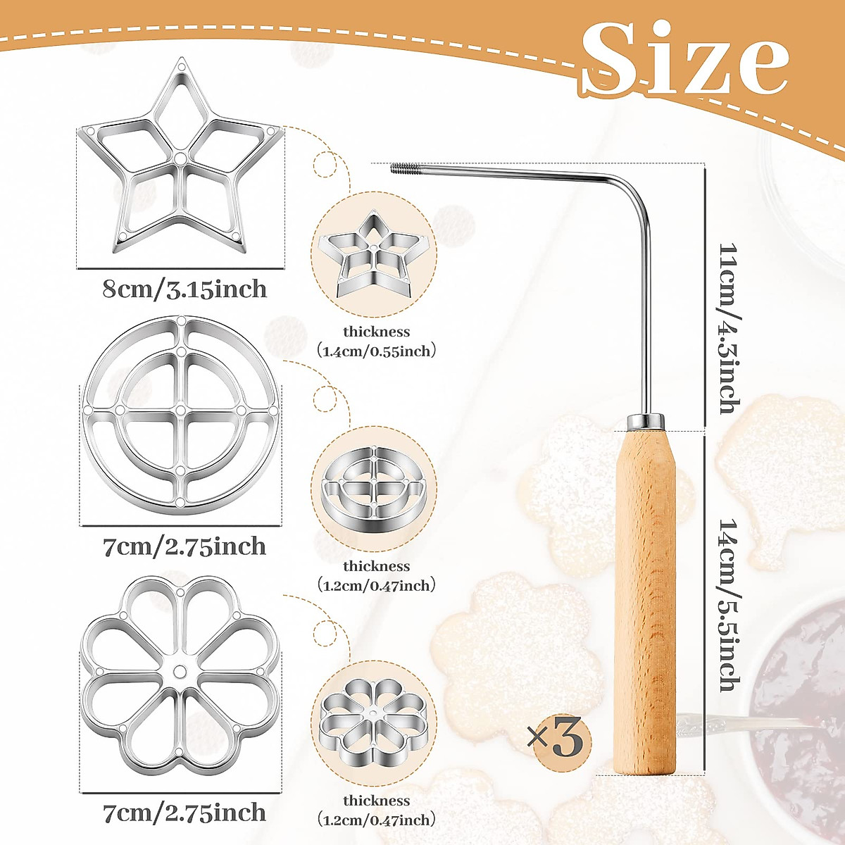 3 Sets Bunuelos Mold with Handle Achappam Mold Rosette with 3 Interchangeable Heads Rosette Cookie Bunuelos Tool Timbale Aluminum Waffle Molds Star Flower Circle for Kitchen Baking Cooking
