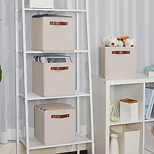 Temary 11x11 Storage Cubes Fabric Storage Cubes Storage Bins with Dual Leather Handles Canvas Storage Boxes for Organizing Home, Office, Nursery, Shelf, Closet (Beige, 11 x 11 x 11)