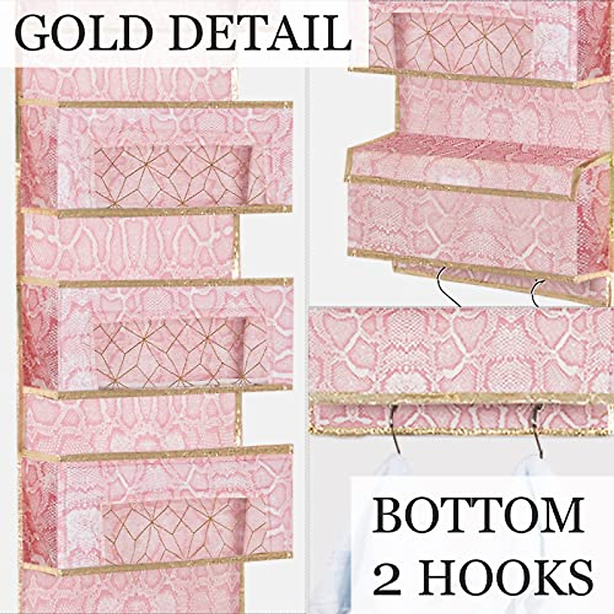 DAMAHOME Over Door Hanging Organizer - Closet Door Storage Organizer 5 Large Pockets, Door Organizer Hanging Clear Window Pocket, 4 Metal Hooks for Baby Nursery Bedroom Pantry Bathroom (Pink)