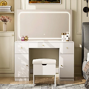 ClouDDwell Makeup Vanity Desk with Large Mirror and LED Lights, 3 Lighting Modes and Power Outlet. Makeup Vanity with 3 Drawers,2 Cabinets and Chair, Stool with Storage, for Bedroom, White, 1 Case