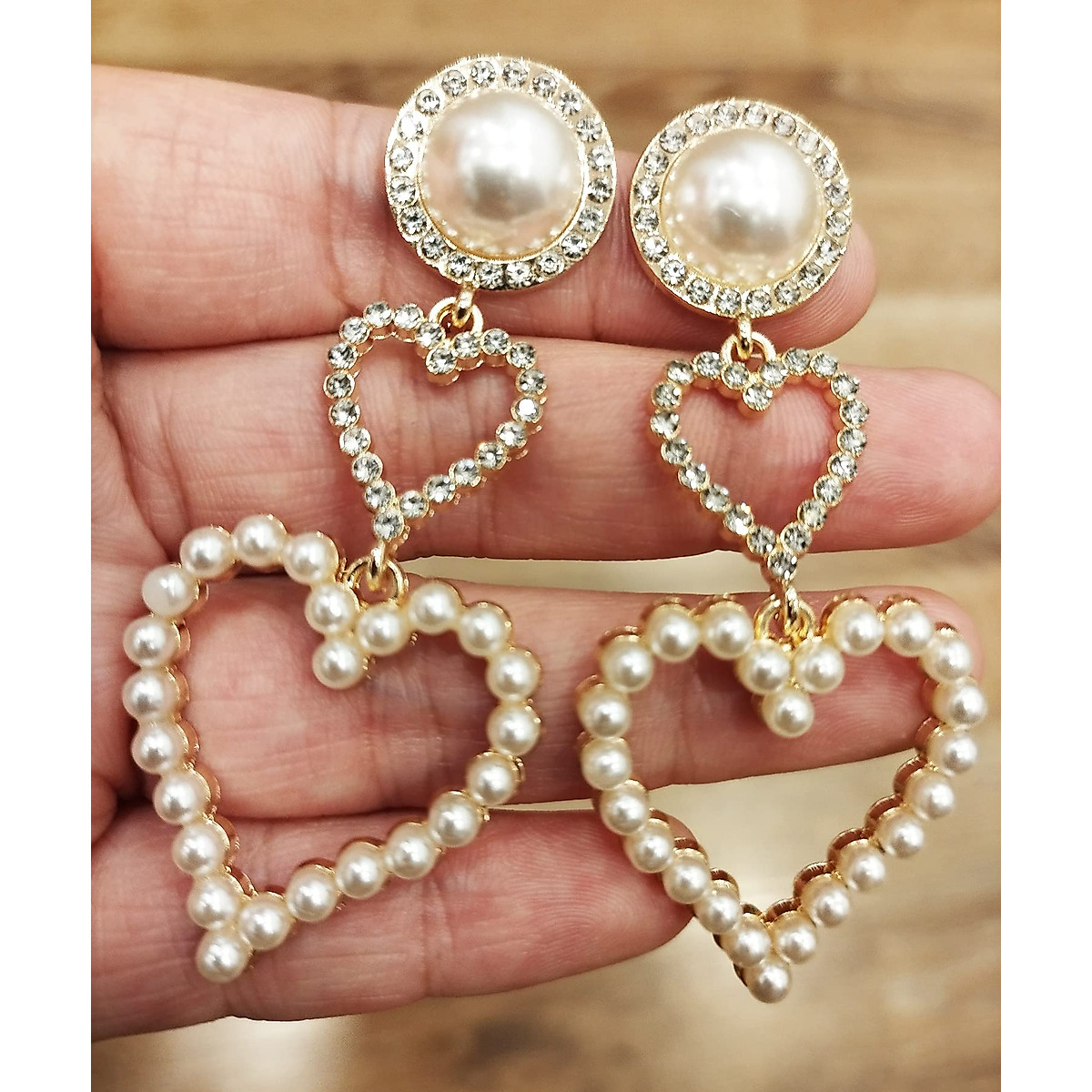 BUAJIUBUA Heart Earrings Drop Pearl Heart Earrings for Women Girls Teens Rhinestone Earrings（Gold Plated）
