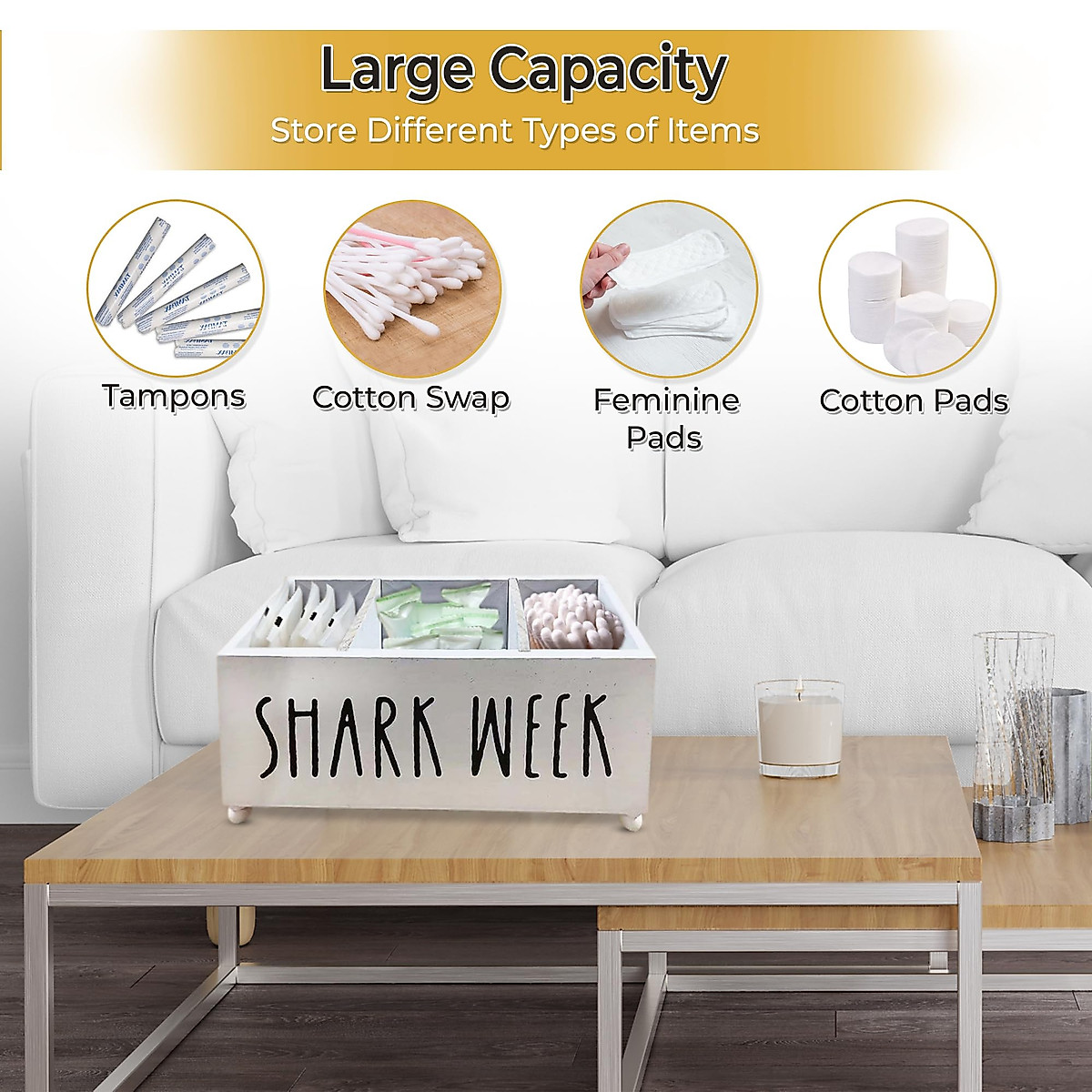 Tampon Holder for Bathroom: Premium Wooden Organizer Box with Moveable Compartments & Secure Lid - Feminine Pad Storage Container, Sanitary Cotton Dispenser & Personal Care Product Holder