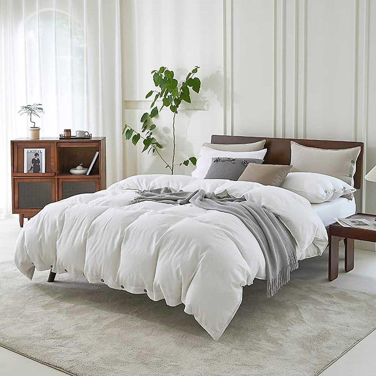 EVERLY 100% Pure Linen Duvet Cover Set Twin Size 68X90Inch 3pcs (1 Duvet Cover,1Pillowcases) Soft and Breathable for All Season with Coconut Button Closure, Suitable for Hot Sleepers-White-Twin