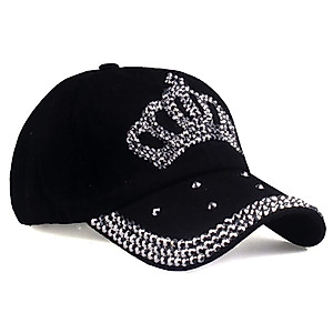 Gudessly Bling Women Baseball Cap Flower Snapback Rhinestone Sun Hats Adjustable Denim Jeans Hat (Crown-Black)